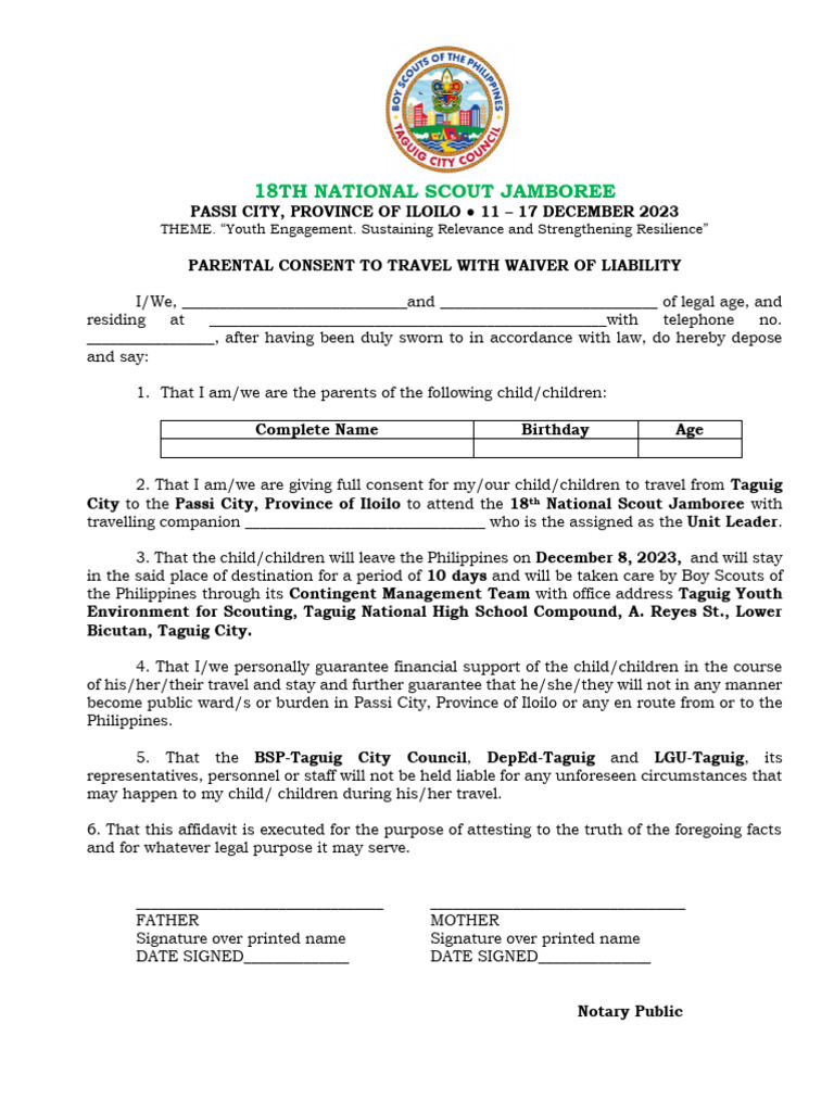 PARENTAL CONSENT TO TRAVEL WITH WAIVER OF LIABILITY | PDF