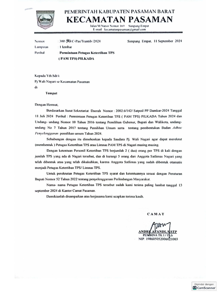 Permintaan Petugas Ketertiban TPS (PAM TPS) Pilkada | PDF