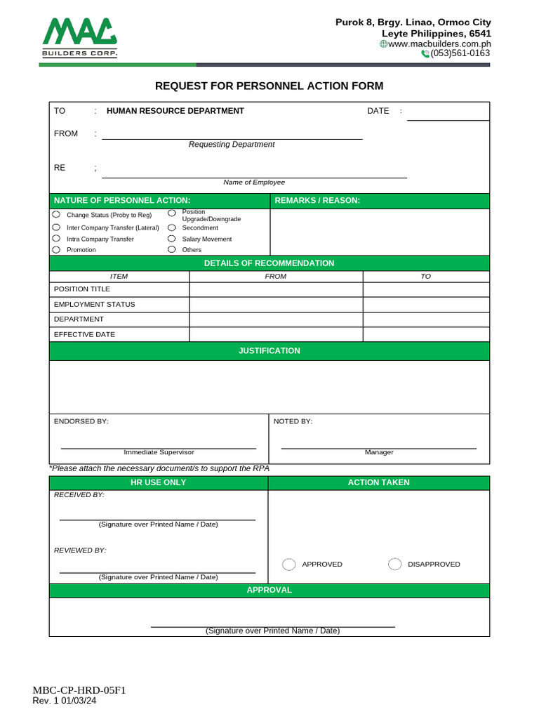 MBC-CP-HRD-05F1 Request For Personnel Action Form - Rev1 - 1 | PDF