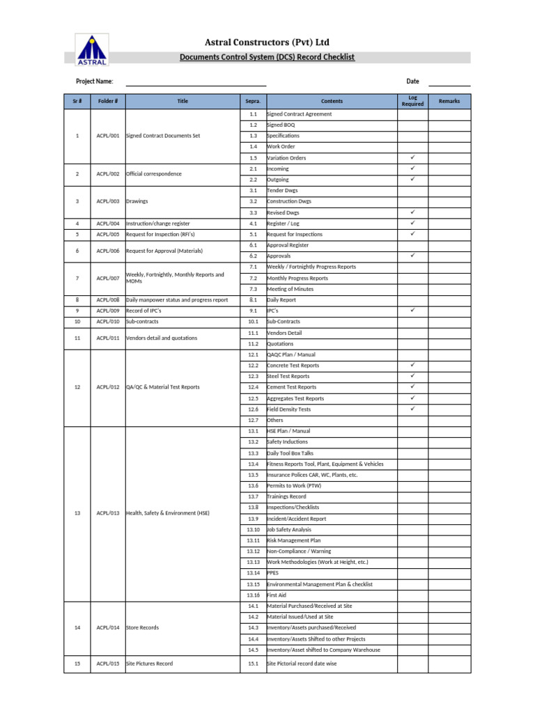 Documents Control System - Record Checklist - R2 | PDF