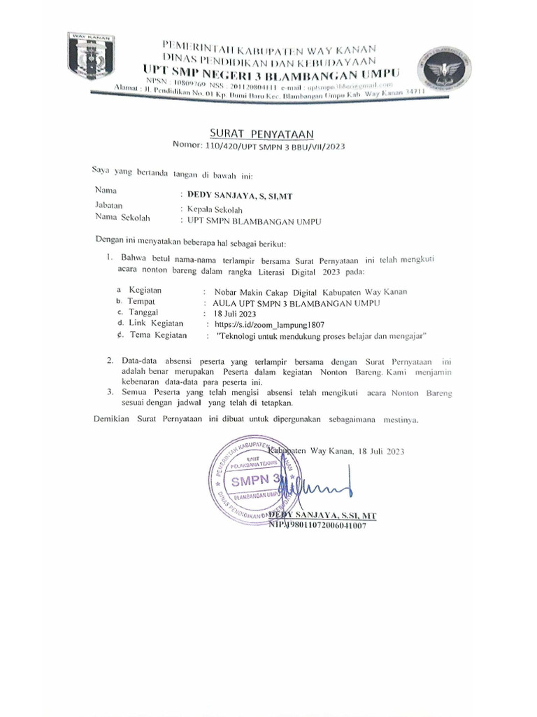 Nobar Literasi Digital UPT SMPN 3 Blambangan Umpu | PDF