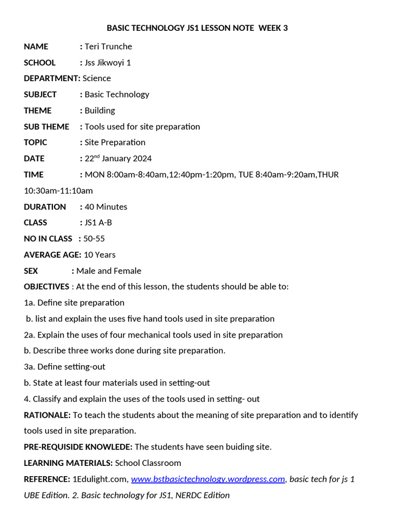 9641 - Lesson Note Week 3 Building Site Preparation | PDF