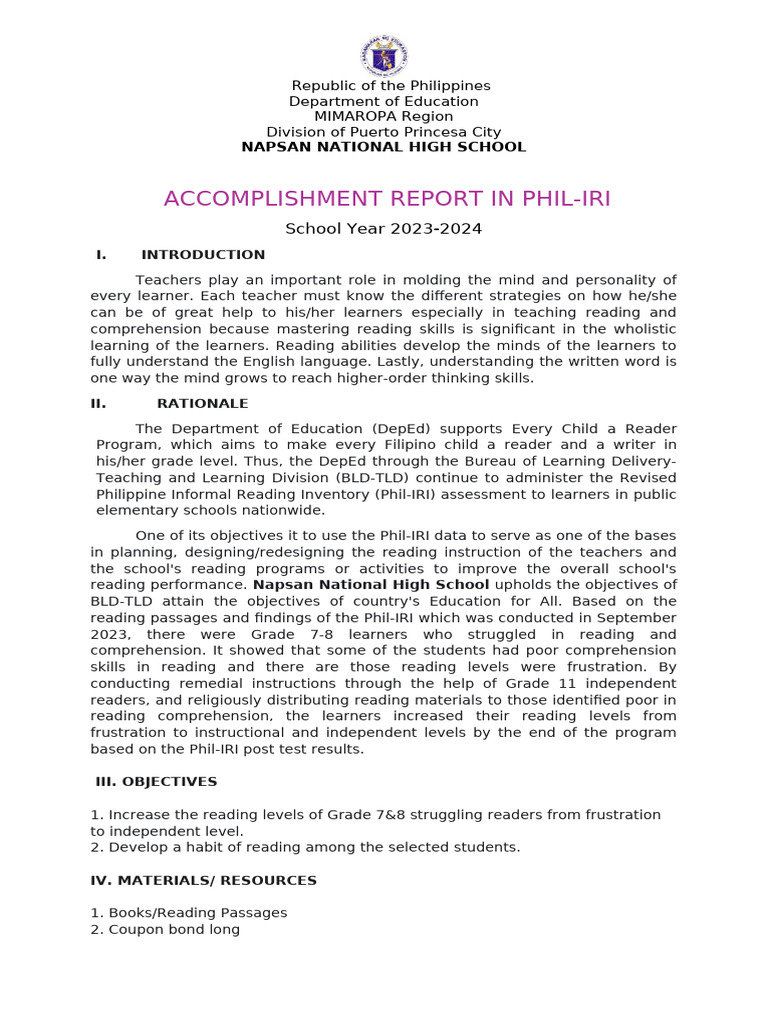 Accomplishment-Phil-Iri-Sy23-24-Mam Janz | PDF