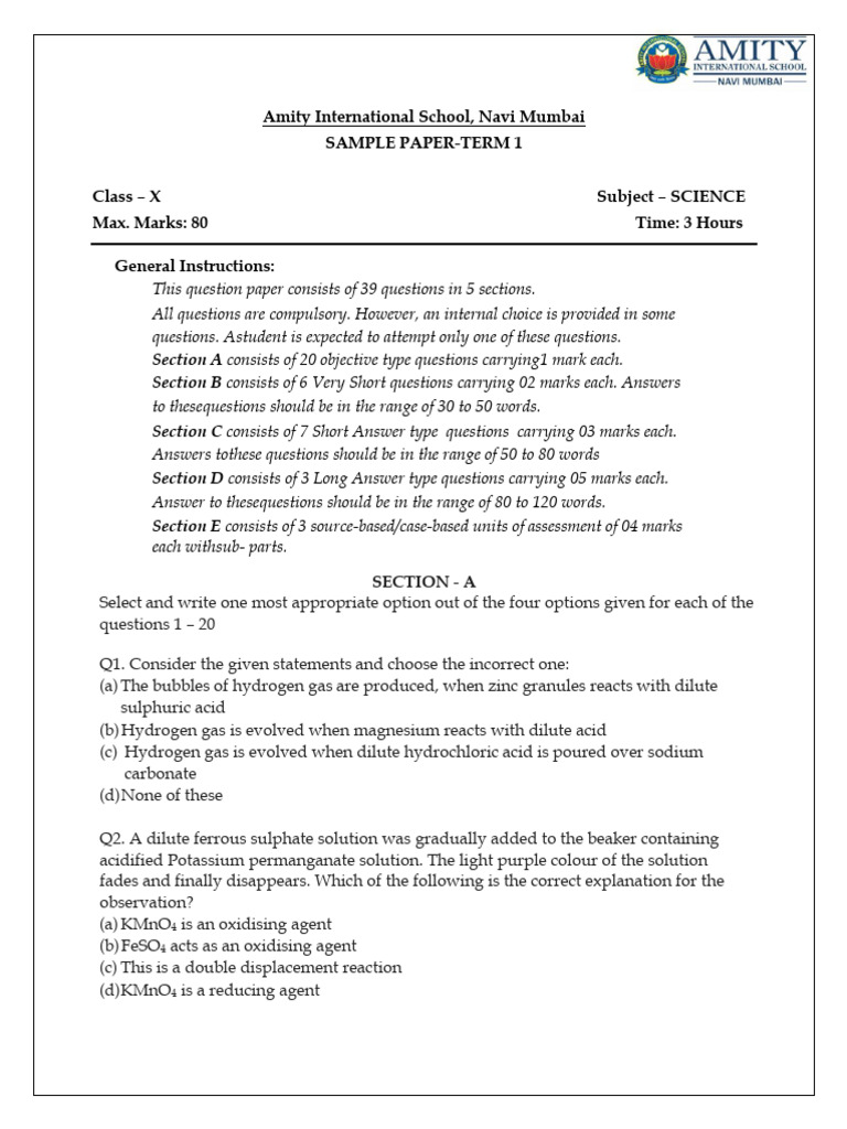Science Sample Paper-1 | PDF