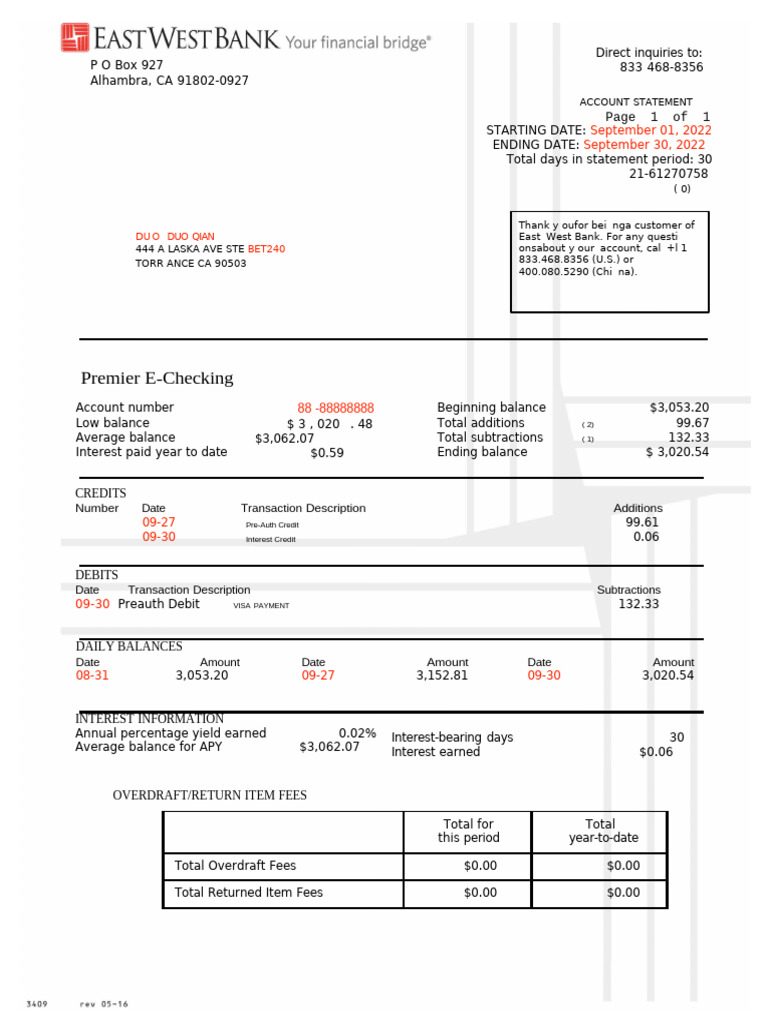 East West Bank Statement | PDF