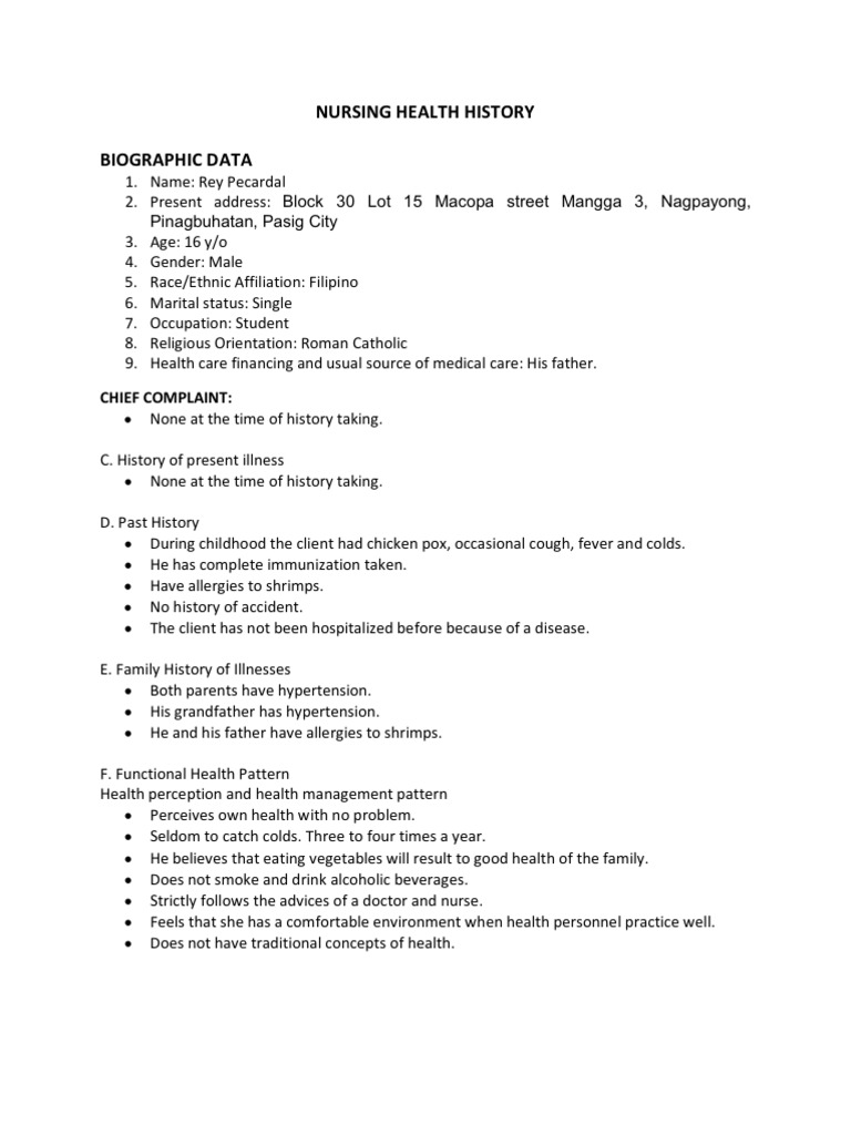 Nursing Health History and Biographic Data of 16-Year-Old Male Student ...