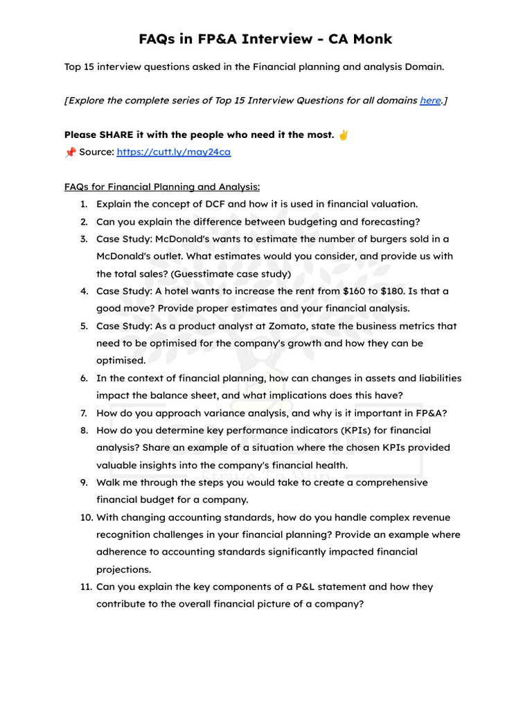 Top 15 Interview Questions - Financial Planning & Analysis FAQs - CA Monk | PDF