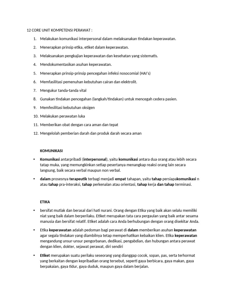12 Core Unit Kompetensi Perawat | PDF