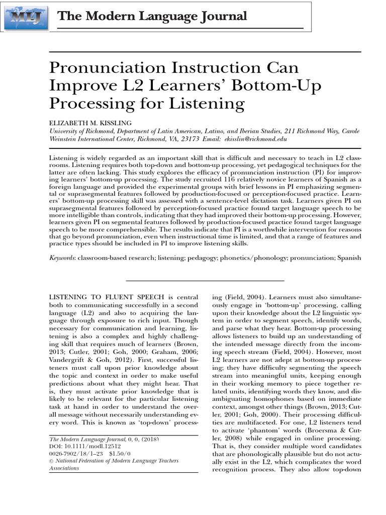 Kissling, E. M. (2018). Pronunciation Instruction Can Improve L2 Learners_ Bottom-up Processing ...