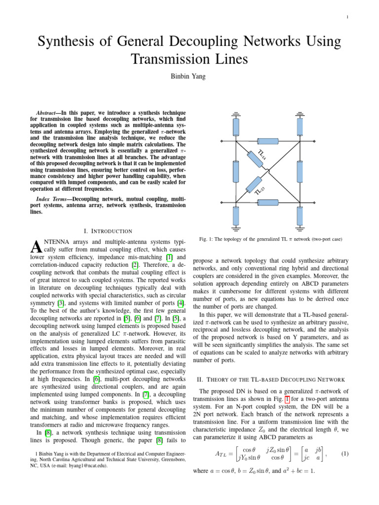 Synthesis of General Decoupling Networks Using Transmission Lines | PDF