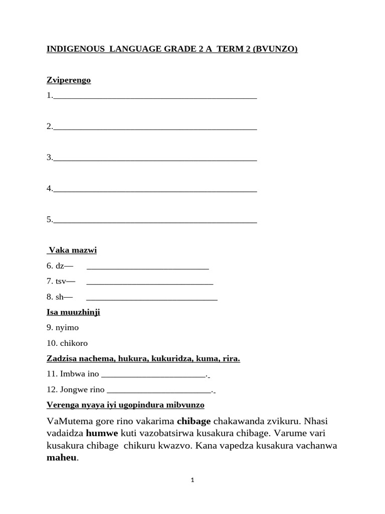 Grade 2 Shona Test | PDF