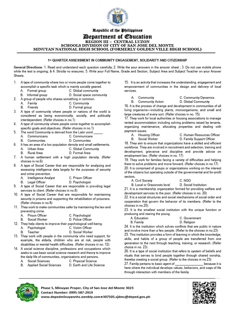 1st QUARTER ASSESSMENT-Q1 IN-CESC - 2022-2023 | PDF