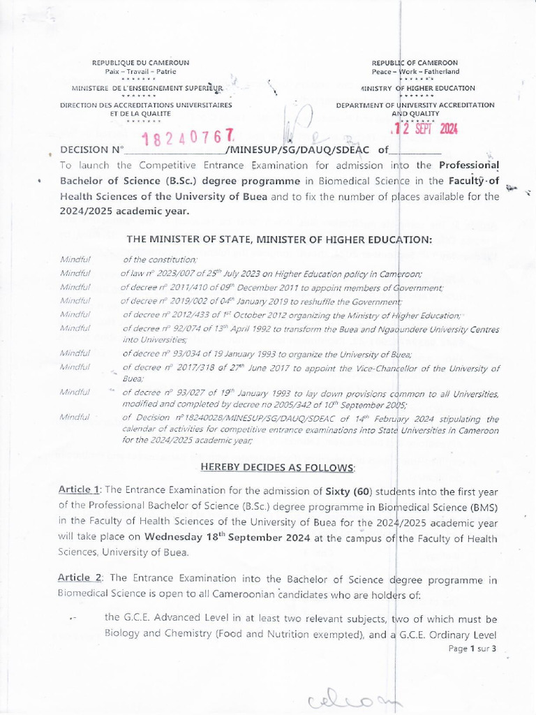 FHS BUEA (Biomedical Science) 2024 | PDF