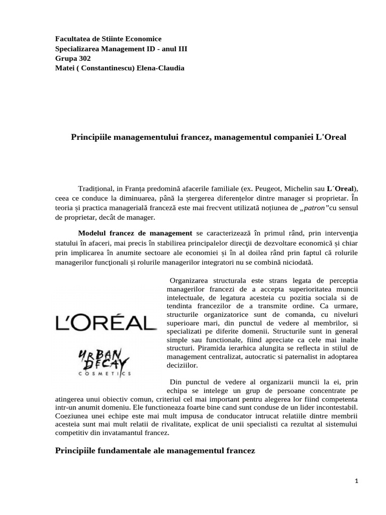 Managementul Francez și L'Oreal | PDF | Business