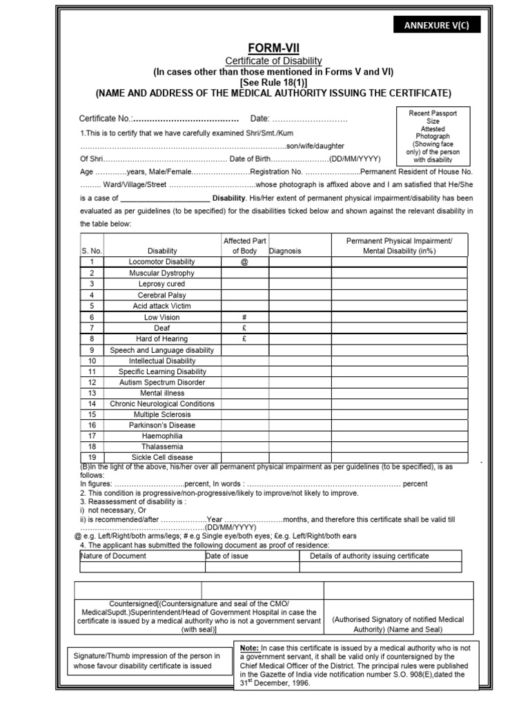 Certificate of Disability FormVII | PDF