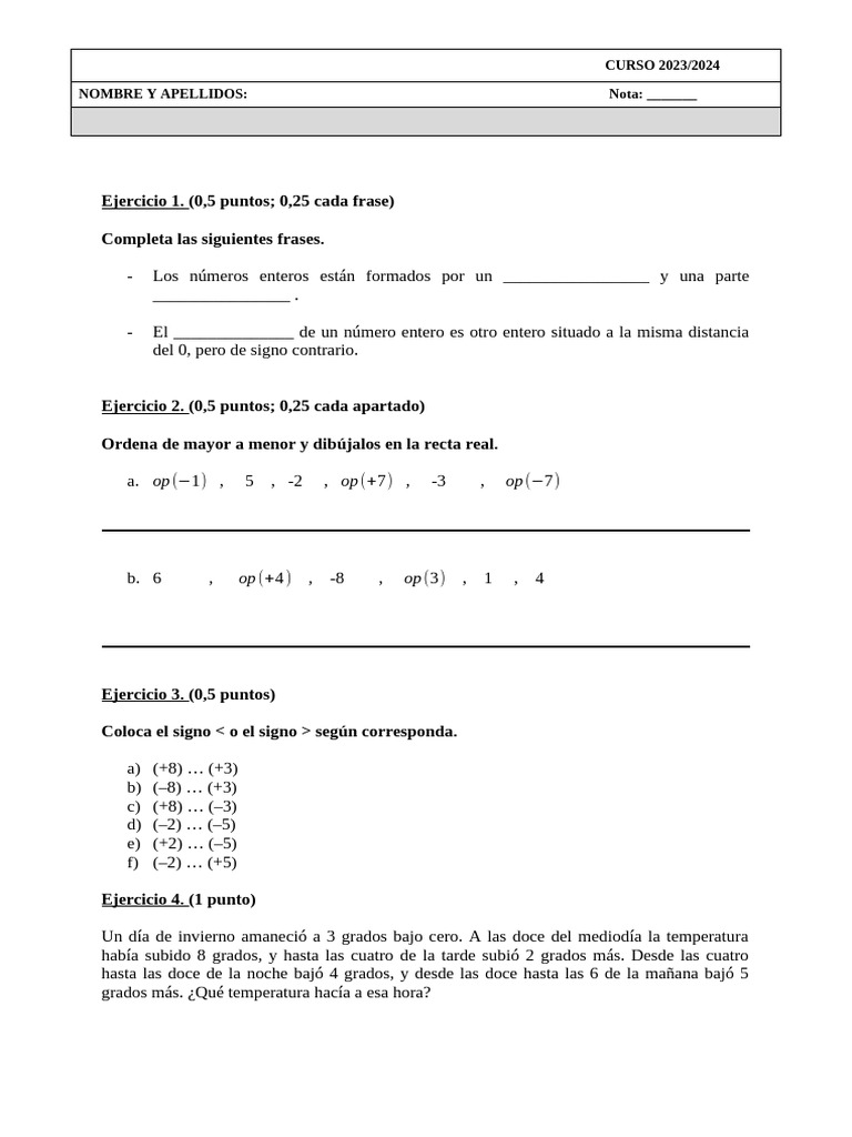Examen Tema Números Enteros | PDF | Entero