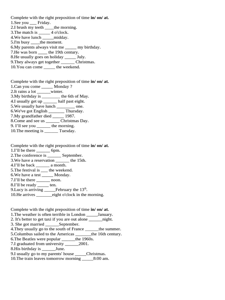 Worksheets Prepositions Time | PDF