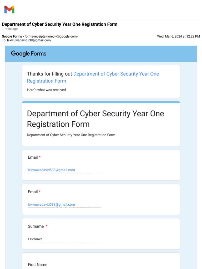 Gmail - Department of Cyber Security Year One Registration Form | PDF