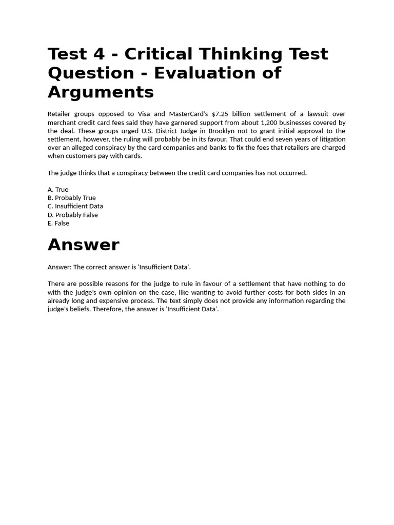 Test 4 - Critical Thinking Test - Arguments | PDF