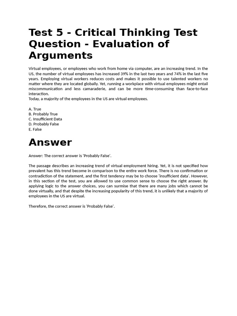 Test 5 - Critical Thinking Test - Arguments | PDF