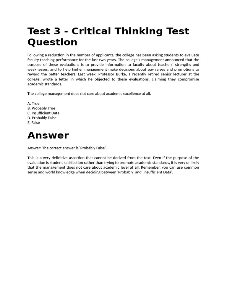 Test 3 - Critical Thinking Test | PDF