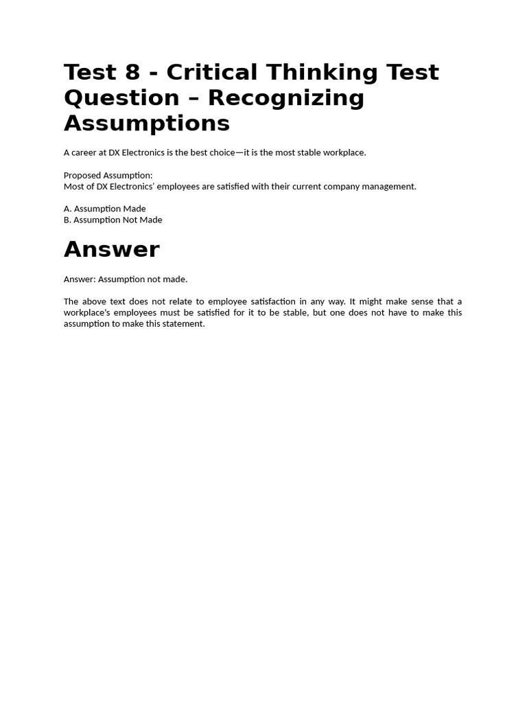 Test 8 - Critical Thinking Test - Assumptions | PDF