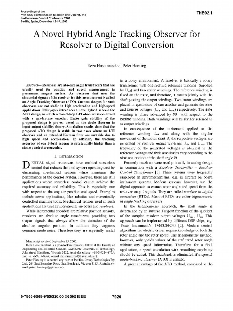 A Novel Hybrid Angle Tracking Observer For Resolver To Digital Conversion | PDF