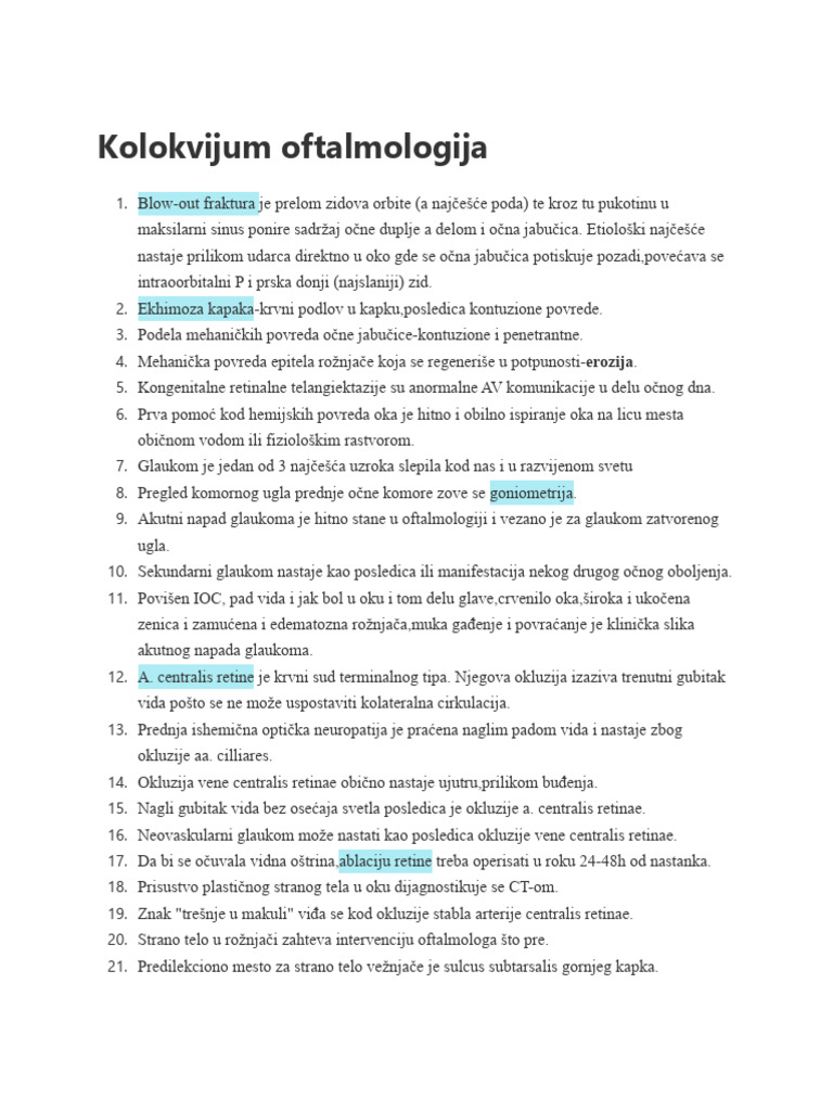 Kolokvijum Oftalmologija II 2024 | PDF