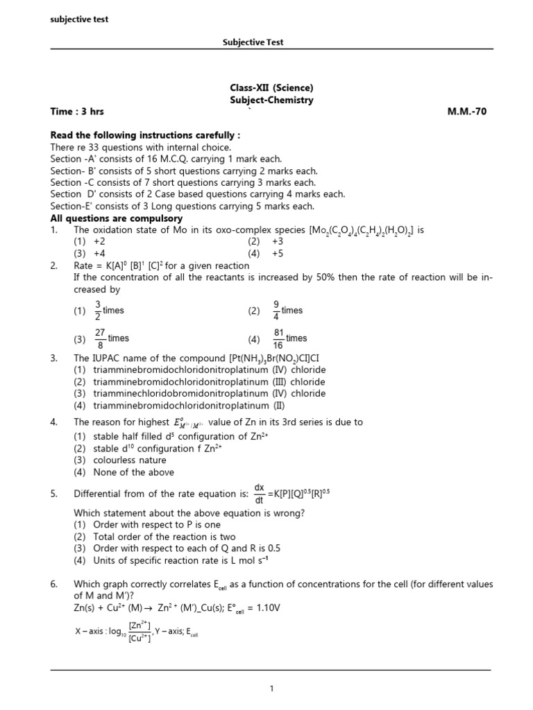 Subjective Test Class +2 | PDF
