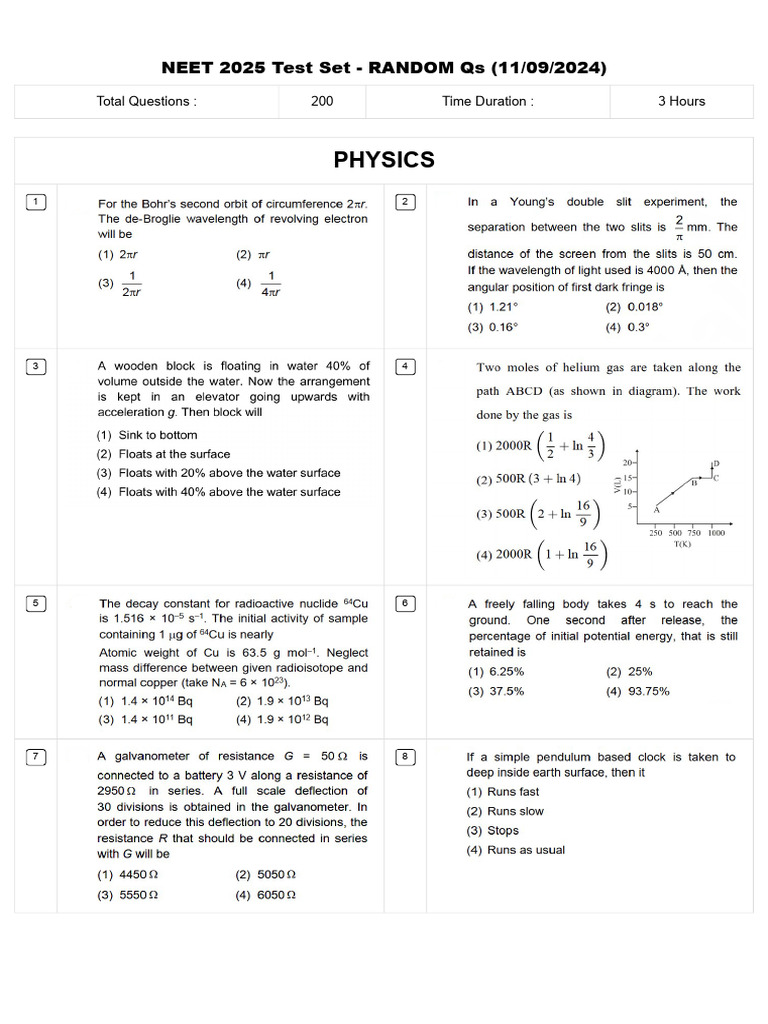 NEET 2025 Random Test Questions Set | PDF | Student Assessment And ...