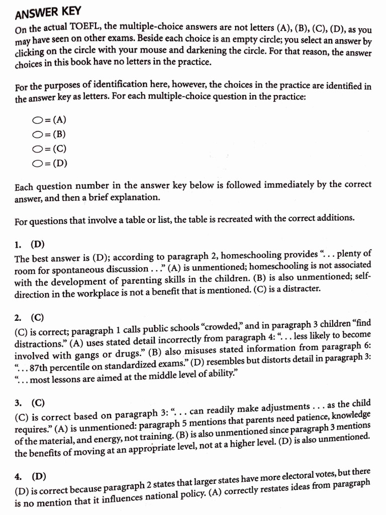 TOEFL iBT Reading Practice ANSWER KEY | PDF