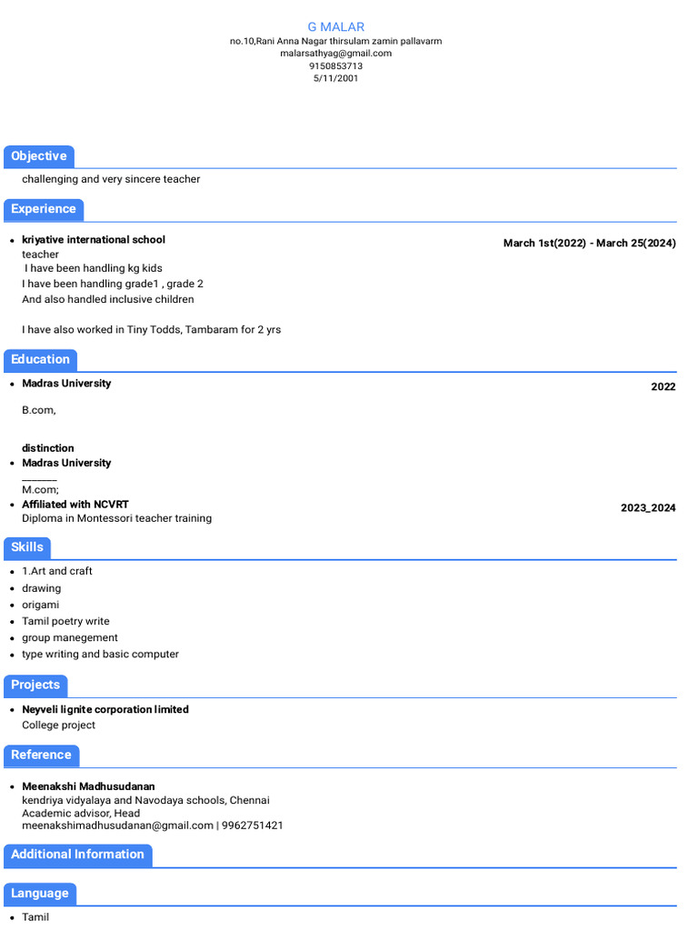 Malar Roll Resume | PDF