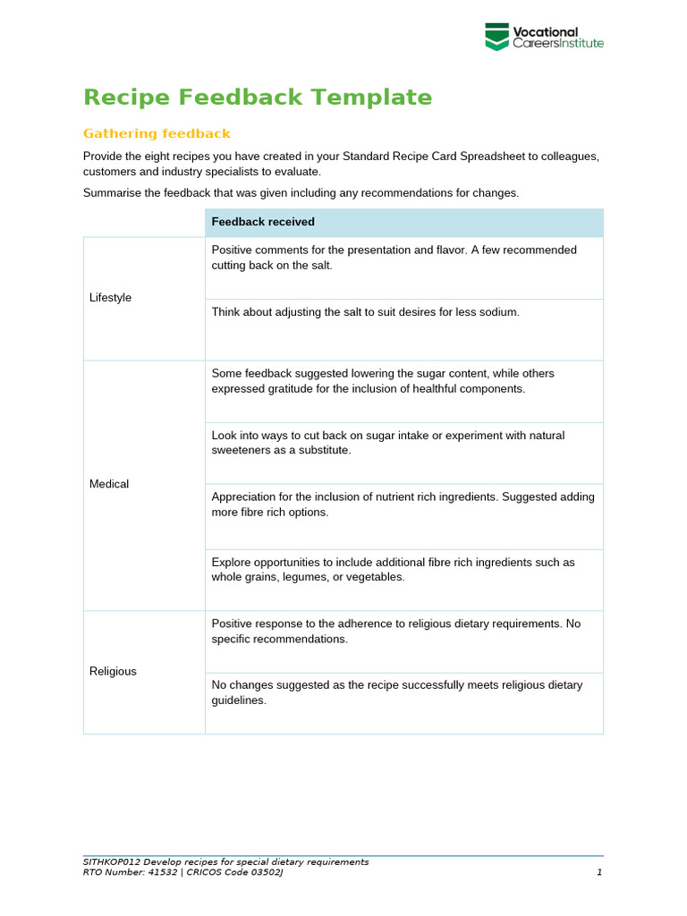 SITHKOP012 Recipe Feedback Template | PDF