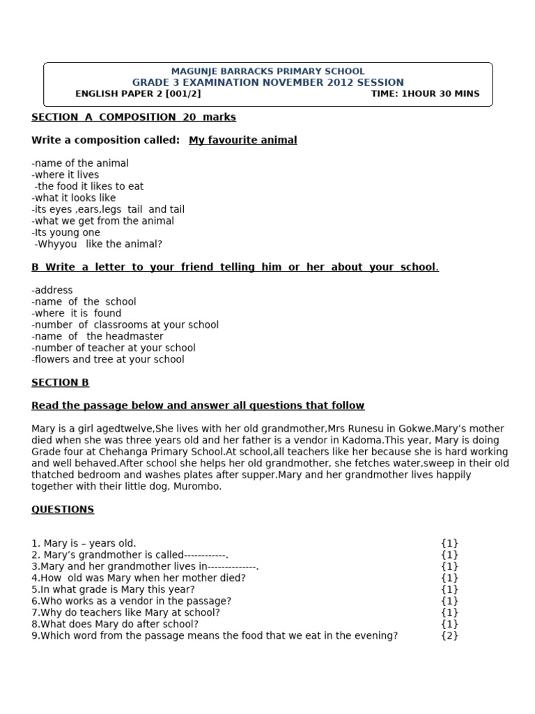 Grade 3 English Paper 2 November 2012 | PDF