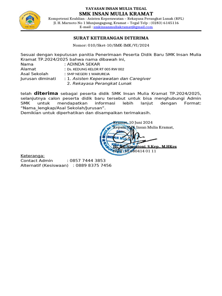 Surat Keterangan Diterima PPDB | PDF