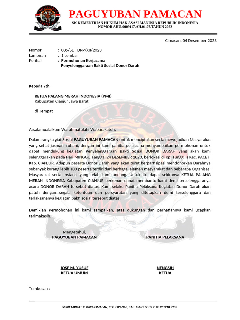 Contoh Surat Permohonan Bantuan Penyelenggaraan Dodor Darah Pmi | PDF
