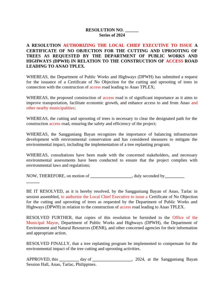 SB Resolution - DPWH Certificate of No Objection | PDF