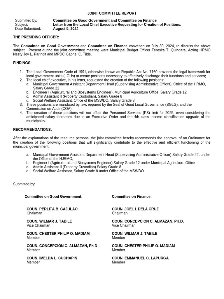 Joint Committee Report - Creation of Position | PDF