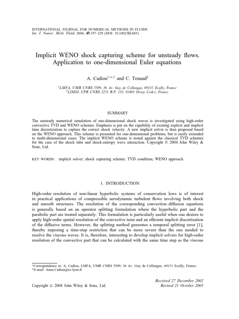 Implicit WENO Shock Capturing Scheme For Unsteady Ows Application To One-Dimensional Euler ...