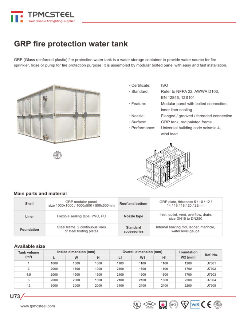 U73 GRP Fire Protection Water Tank | PDF