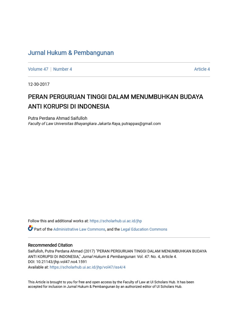 Peran Perguruan Tinggi Dalam Menumbuhkan Budaya Anti Korupsi Di Indonesia | PDF