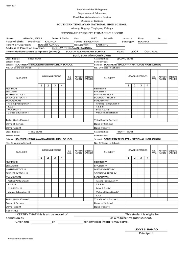 Form 137 (Blank) | PDF