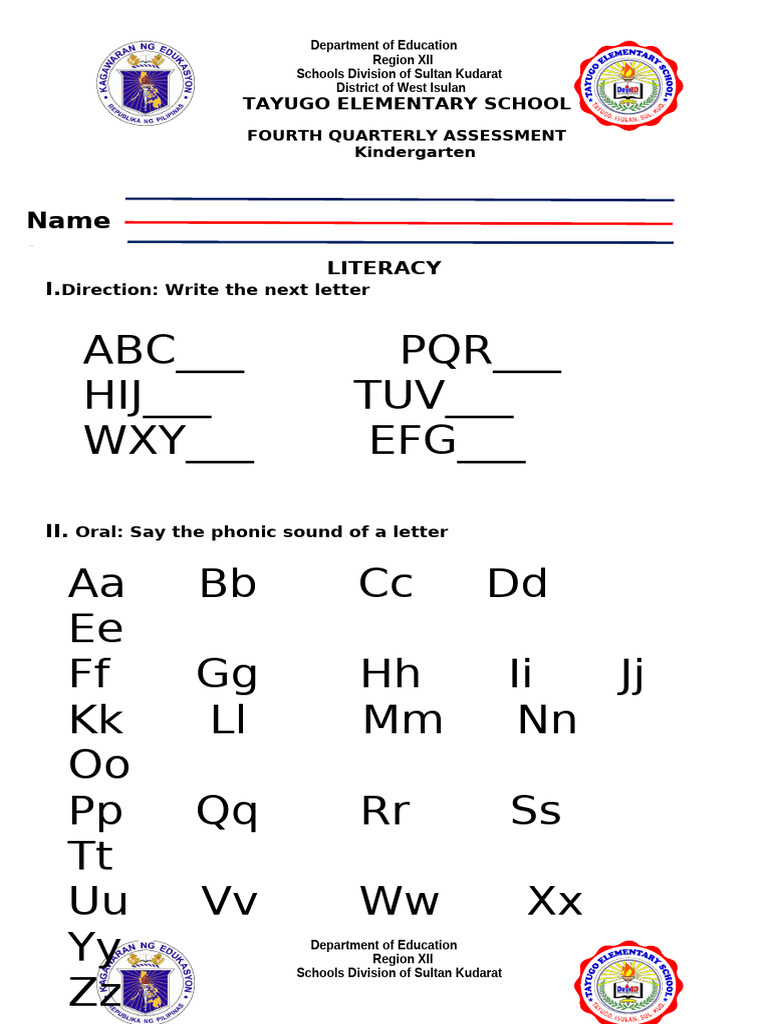 Kindergarten Fourth Quarterly Assessment | PDF