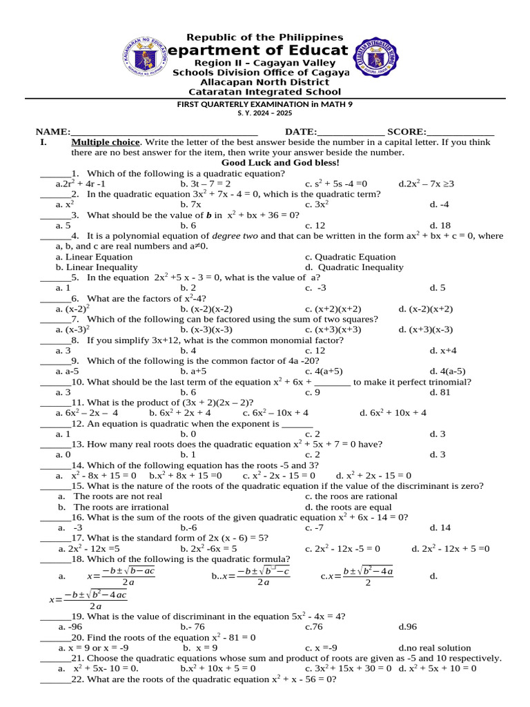 First PT Math 9 | PDF