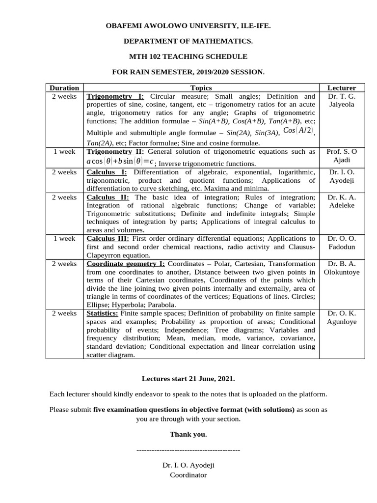 MTH 102 Teaching Roaster | PDF