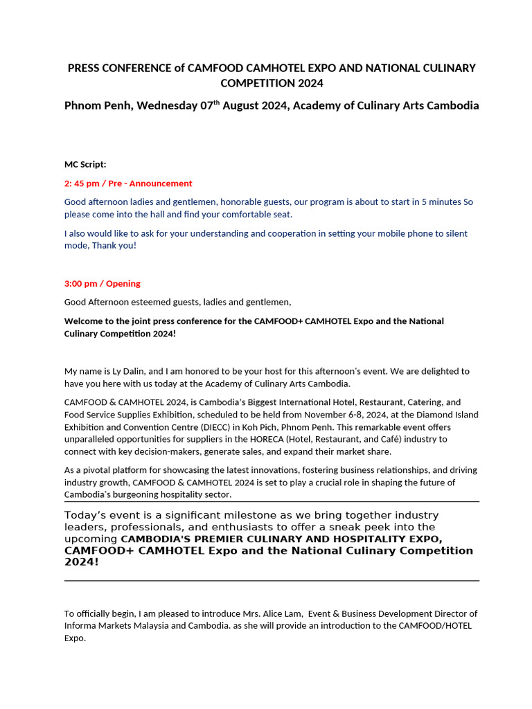 Press Conference for Camfood Camhotel 2024 MC script | PDF