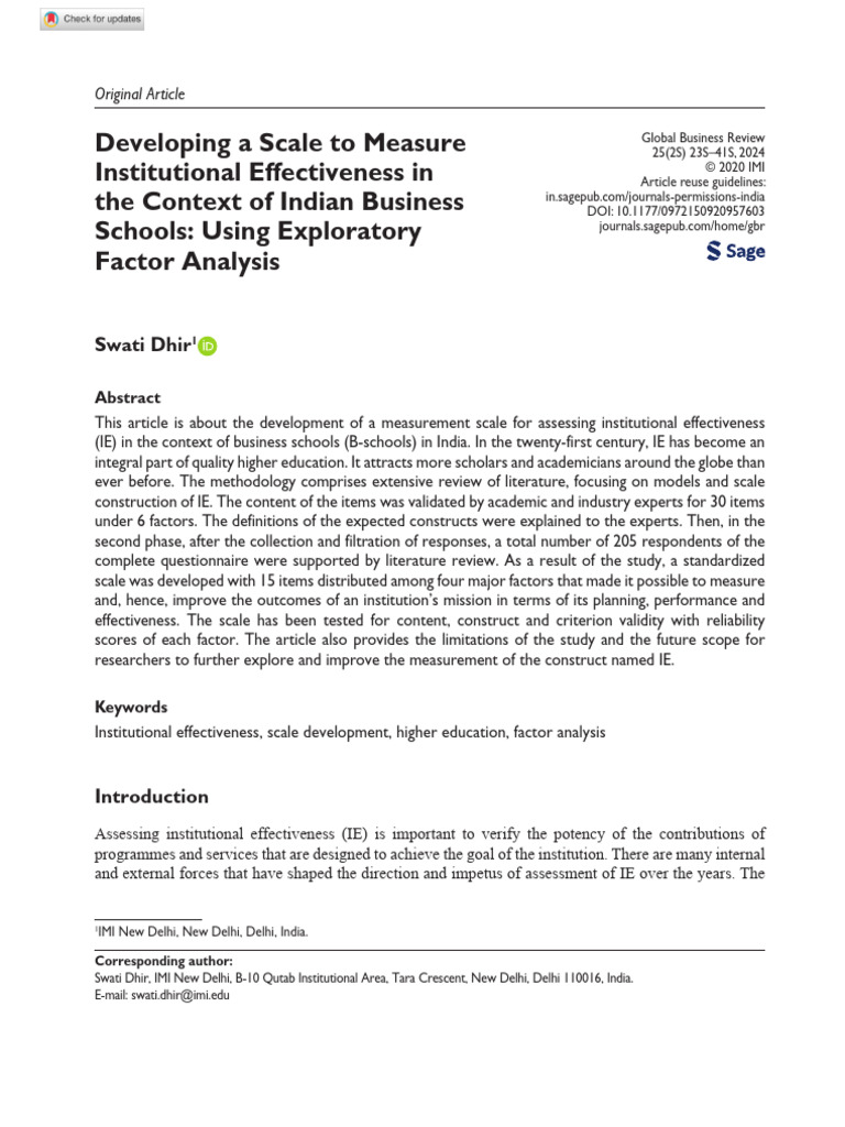 Dhir 2020 Developing A Scale To Measure Institutional Effectiveness in ...