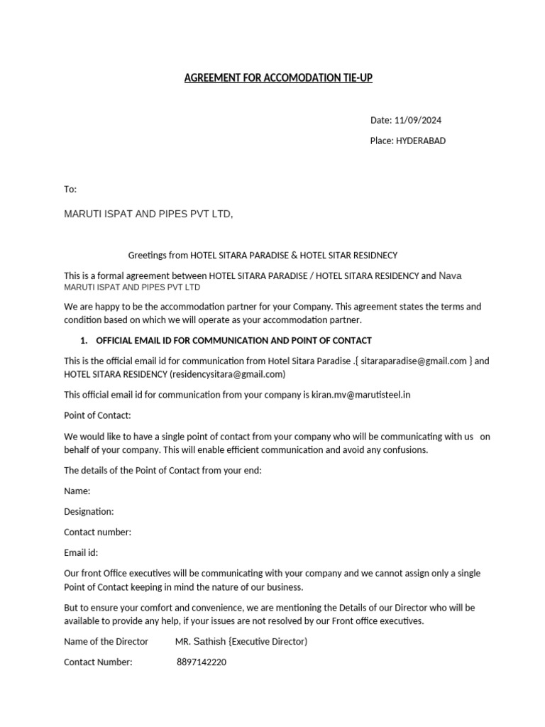 Hotel Accommodation Tie-Up Agreement | PDF