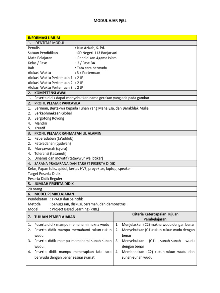 LK 7 Azizah Modul Ajar PJBL Berwudhu | PDF