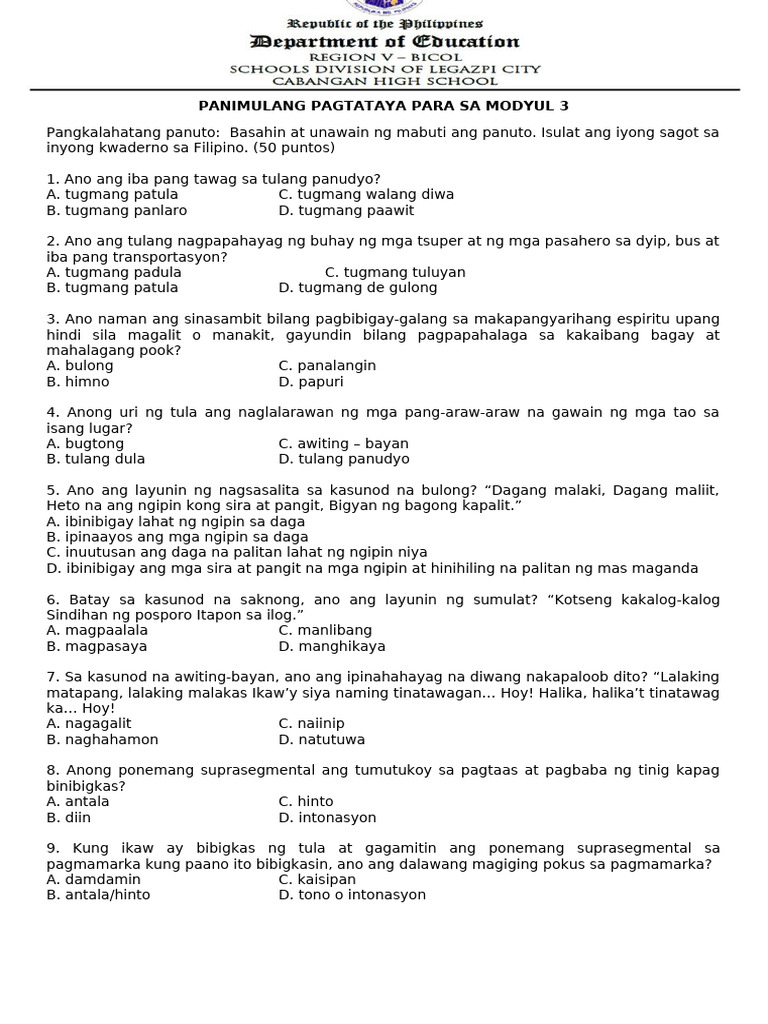 Panimulang Pagtataya para Sa Modyul 3 | PDF